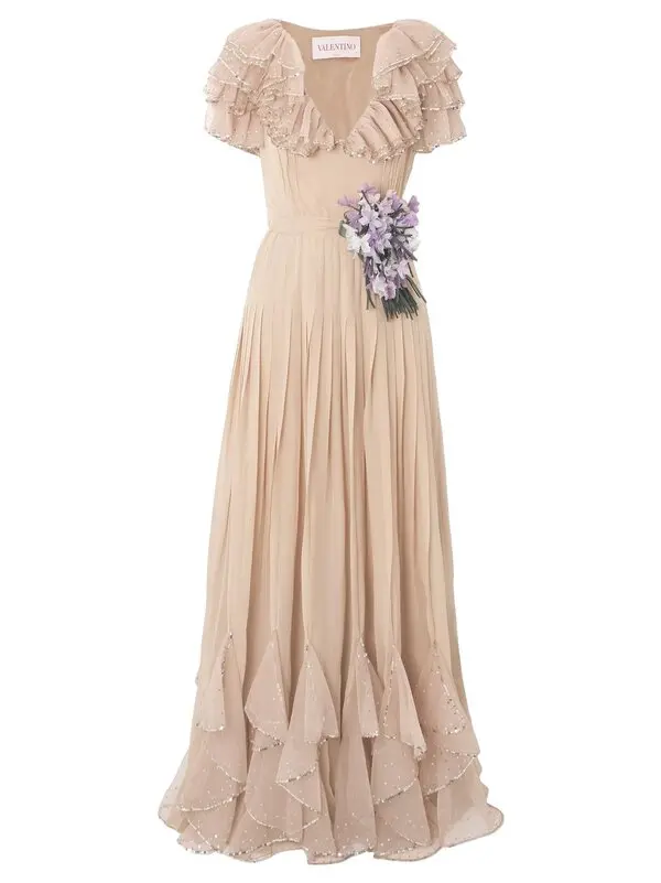 Valentino Garavani Belted Ruffled Embellished Silk-georgette Gown - Brown