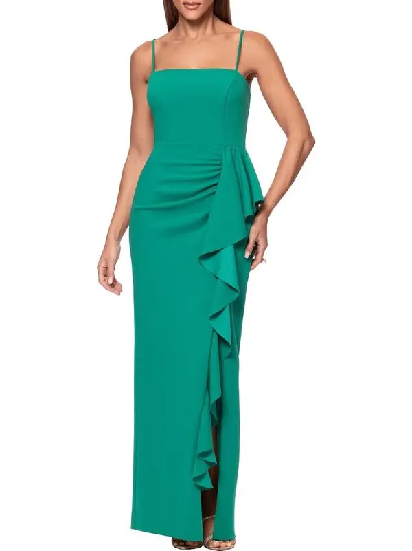 XSCAPE EVENINGS Gathered Ruffle Gown - Green