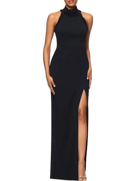 XSCAPE EVENINGS Ruffle Trim Mock Neck Evening Gown - Black