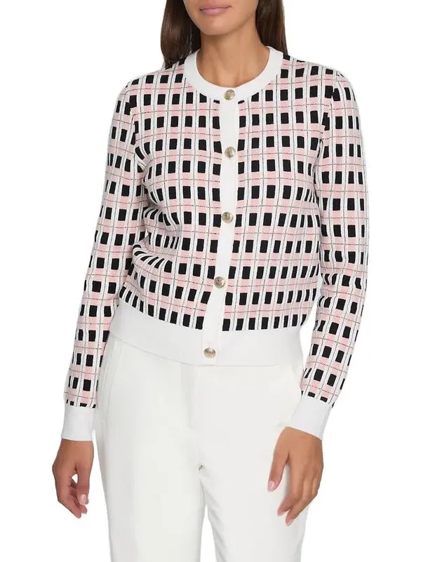 Elie Tahari Loxley Checked Cardigan - Blush Rose Combo