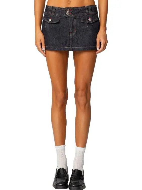 EDIKTED Rae Low Rise Denim Miniskirt - Dark-blue