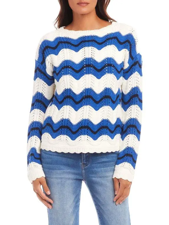 Karen Kane Zigzag Pointelle Stitch Cotton-blend Sweater - White/ Blue