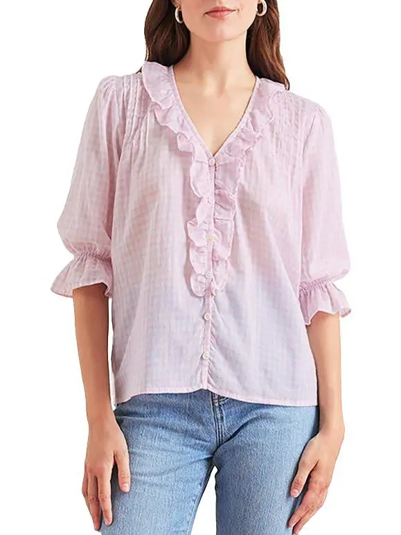 PANEROS CLOTHING Camilla Embroidered Blouse - Petite Pink Plaid