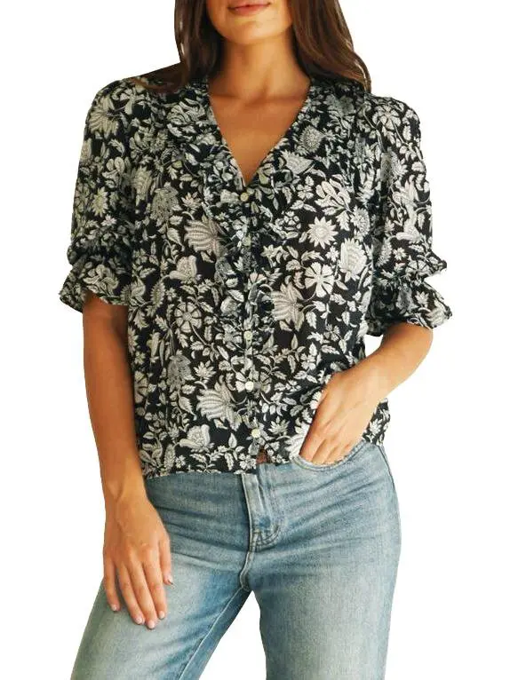 PANEROS CLOTHING Chloe Floral Ruffle Cotton Shirt - Midnight Garden
