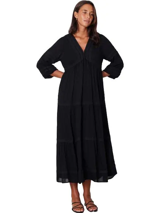 PANEROS CLOTHING Magnolia Lace Inset Midi Dress - Black