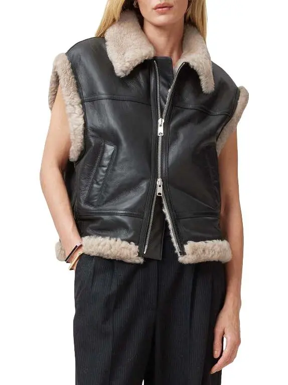 ALLSAINTS Zep Genuine Shearling Moto Vest - Black/ Ecru