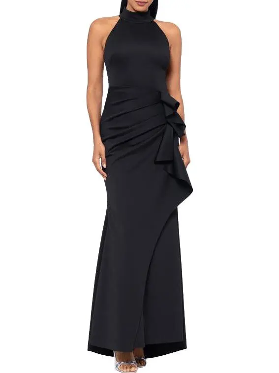 XSCAPE EVENINGS Ruffle Halter Neck Scuba Knit Gown - Black