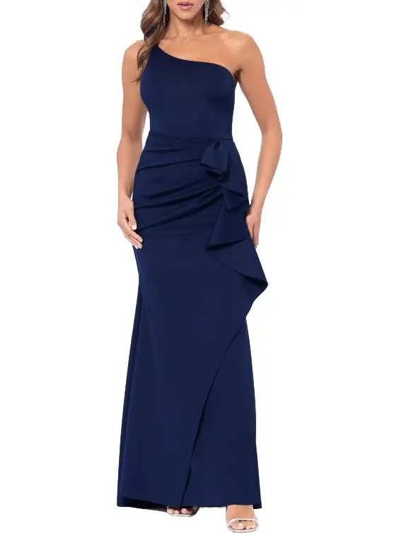 XSCAPE EVENINGS Ruffle One-shoulder Gown - Midnight