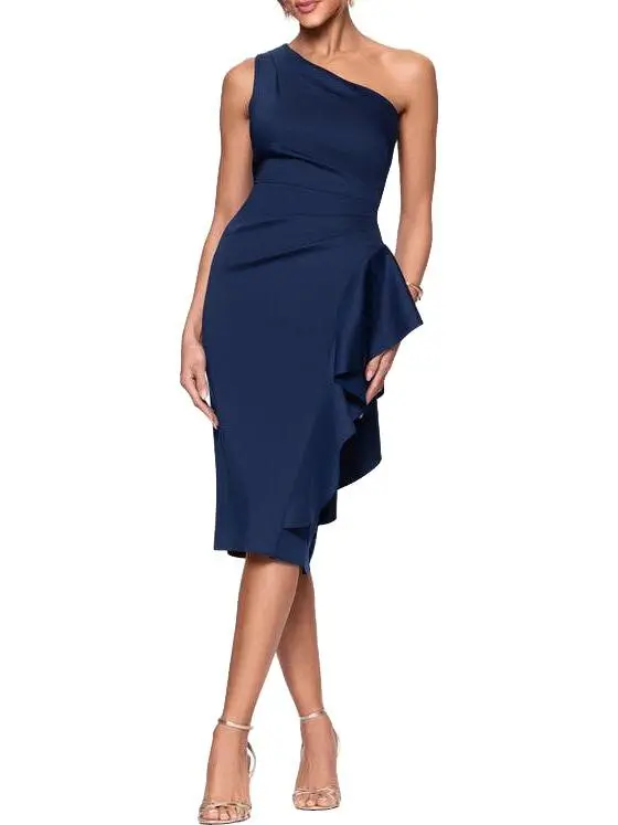 XSCAPE EVENINGS Gathered One-shoulder Cocktail Dress - Midnight
