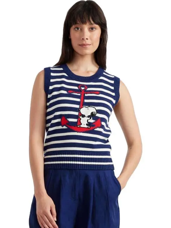Chinti & Parker Chinti Meets Peanuts Embroidered Snoopy Anchor Tank - Admiral Blue/cream