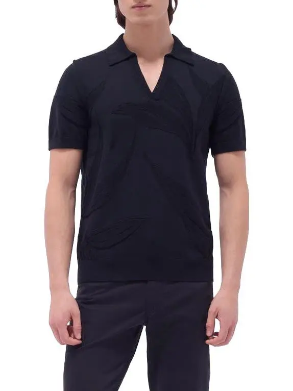 Bugatchi Johnny Collar Leaf Jacquard Cotton Polo Sweater - Black