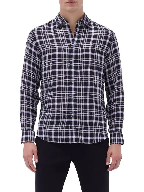Bugatchi Julian Plaid Linen Button-up Shirt - Black