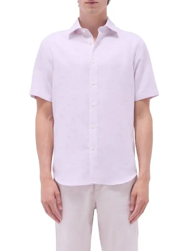 Bugatchi Orson Palm Tree Pattern Solid Short Sleeve Cotton & Linen Button-up Shirt - Dusty Pink