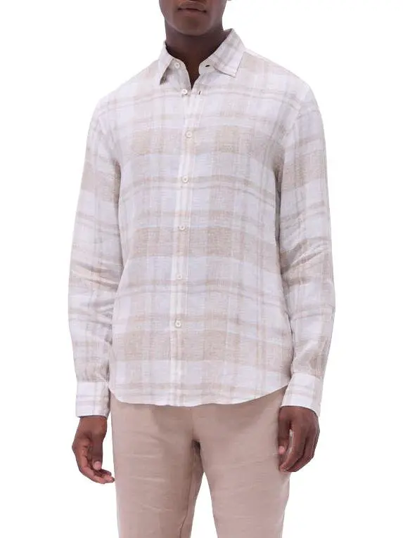 Bugatchi Julian Plaid Slub Linen Button-up Shirt - Sand