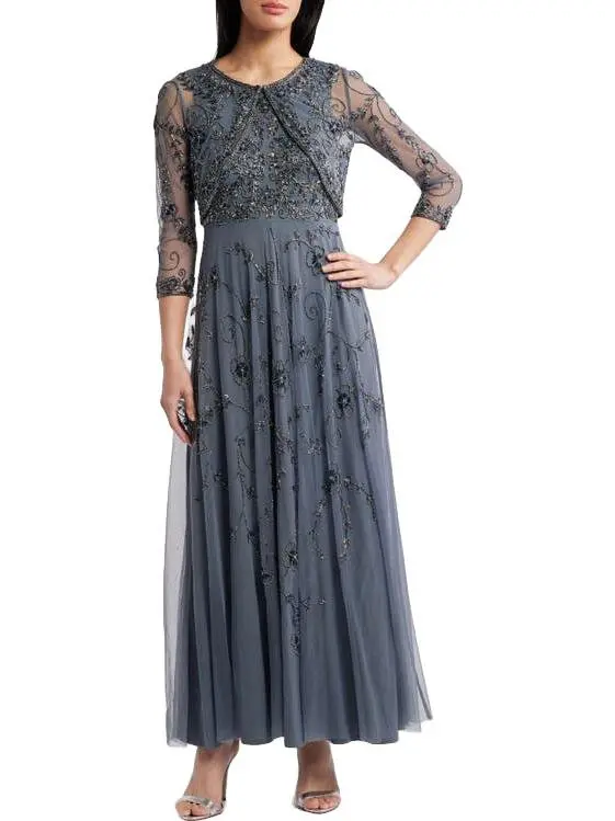 Pisarro Nights Embellished Chiffon Cocktail Dress With Jacket - Smoke 021