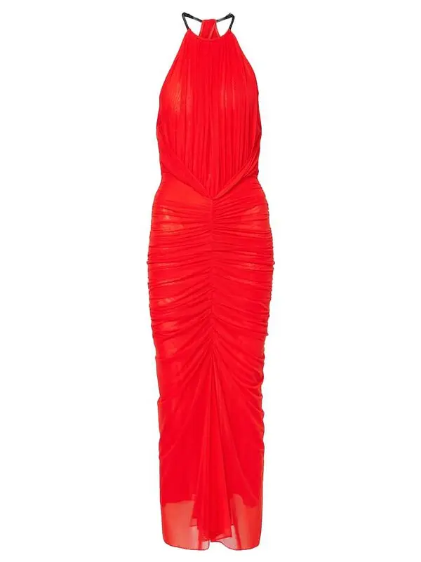 MUGLER Ruched Halterneck Midi Dress - Red