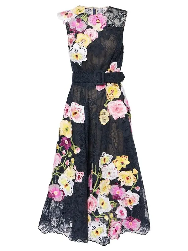 Oscar De La Renta Orchid Embroidered Lace Cocktail Dress - Black