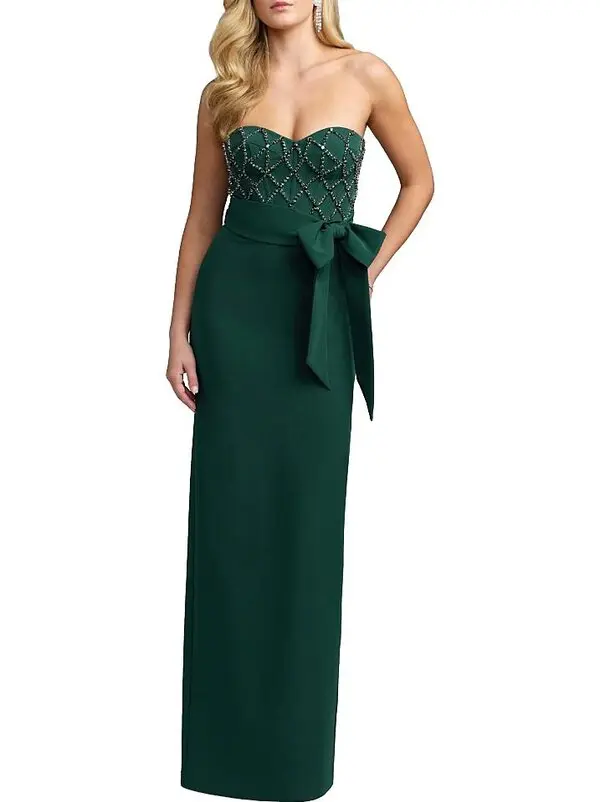 Mac Duggal Strapless Embellished Bustier Gown With Bow Detail - Emerald