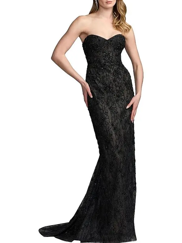 Mac Duggal Beaded Satin Cape Strapless Bustier Gown - Black