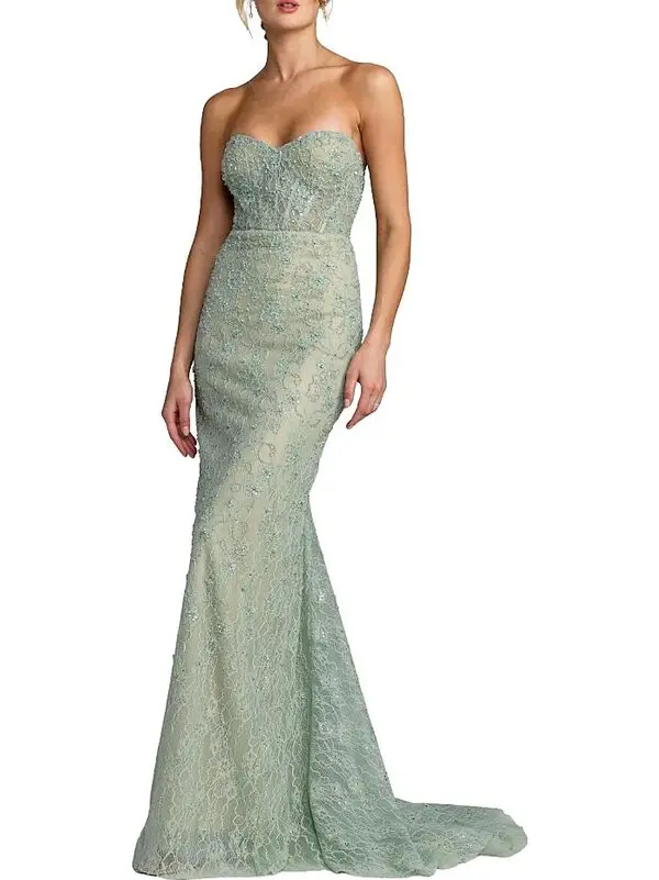 Mac Duggal Beaded Satin Cape Bustier Gown - Sage