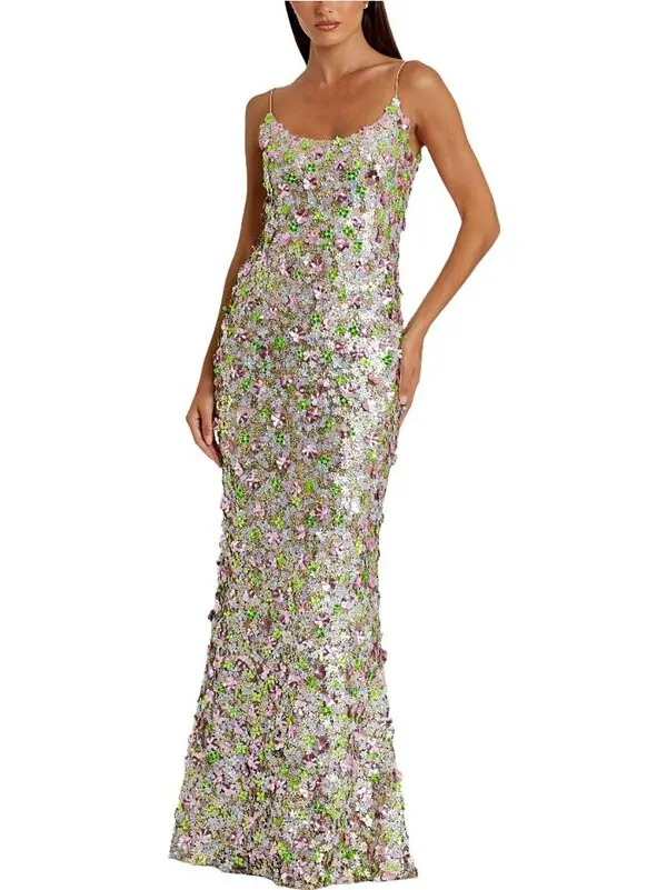 Mac Duggal Sleeveless Floral Embellished Mesh Gown - Pastel Multi
