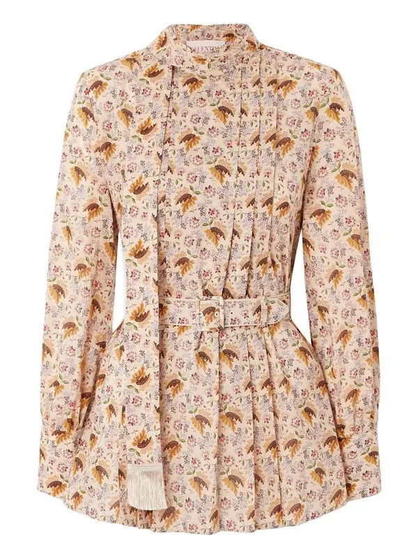 Valentino Garavani Tie-neck Belted Floral-print Blouse - Neutrals