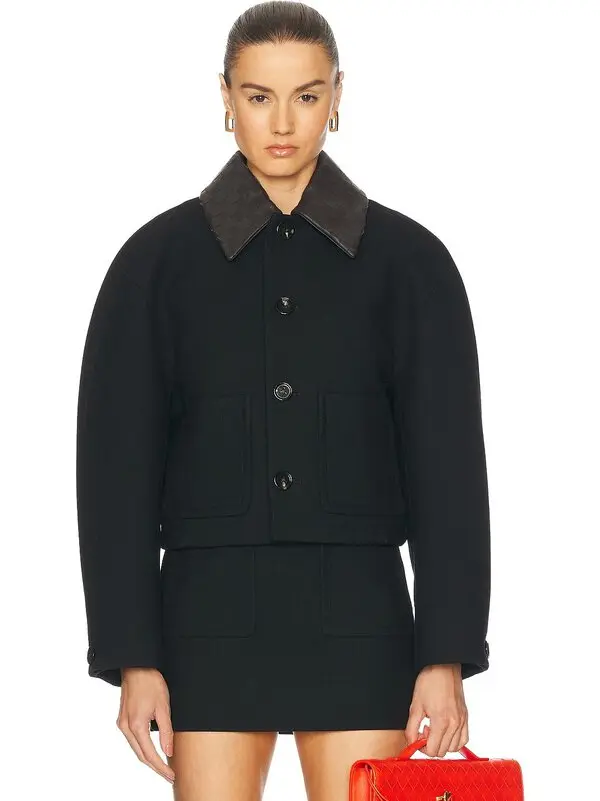 Bottega Veneta Cropped Twill Jacket With Faux Leather Collar - Black