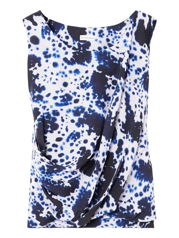 Dries Van Noten Draped Printed Satin Top - Blue