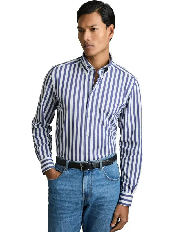 REISS Tobin Striped Jersey Button-down Shirt With Cotton - Blue Stripe