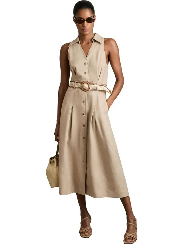REISS Annie Linen Belted Sleeveless Midi Dress - Neutral