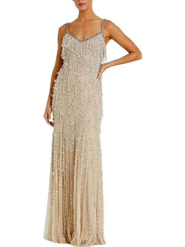 Mac Duggal Embellished Net V-neck Gown - Nude Silver
