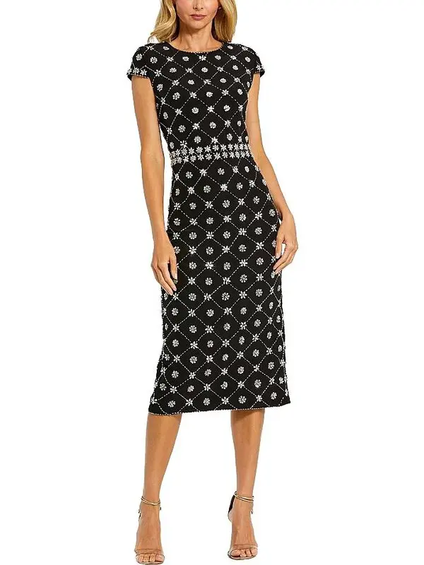 Mac Duggal Hand Embellished Cap Sleeve Midi Dress - Black