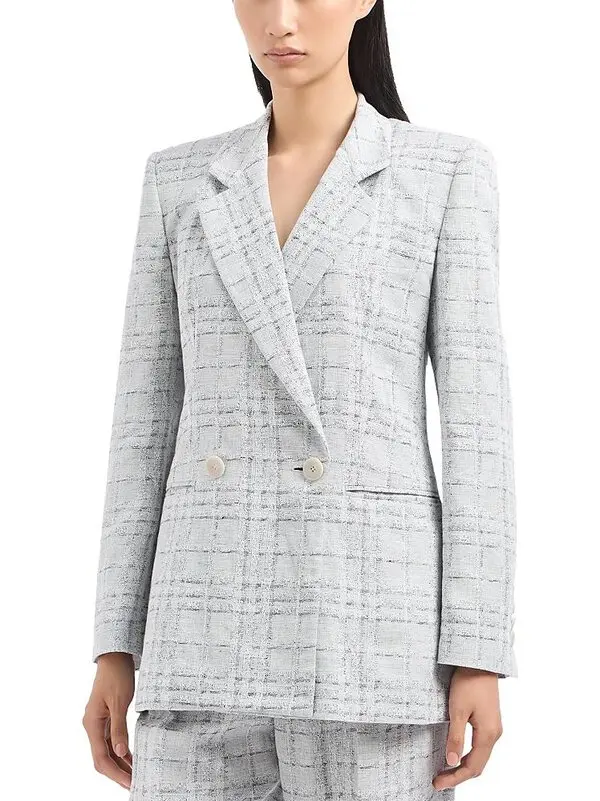 Emporio Armani Linen Check Pattern Double Breasted Blazer - Light Grey