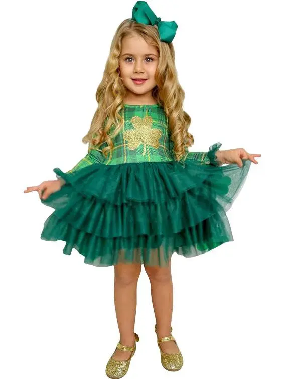 MIA BELLE GIRLS Shimmering Shamrocks Tiered Tutu Dress - Green