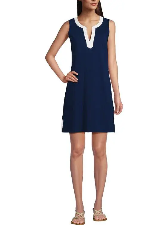 LANDS' END Cotton Jersey Notch Neck Dress - Deep Sea Navy/white