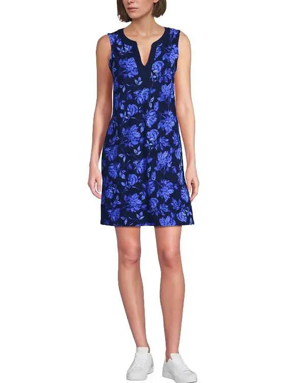 LANDS' END Cotton Jersey Notch Neck Dress - Navy Graphic Floral