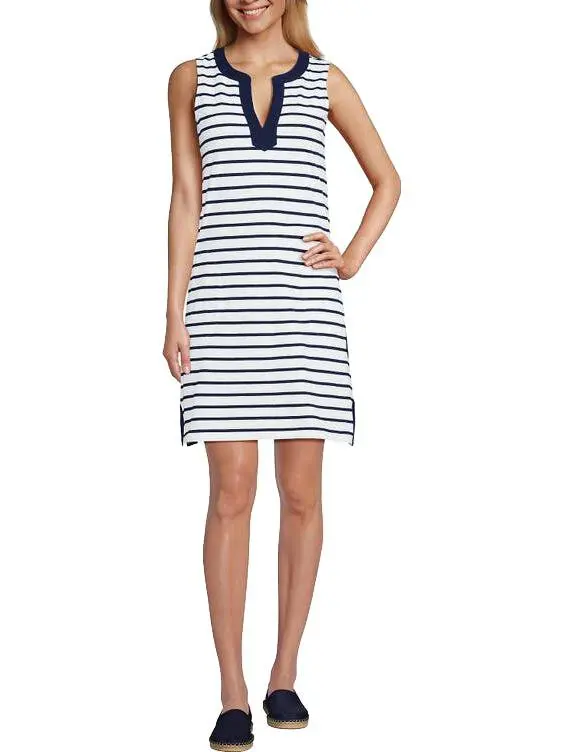 LANDS' END Cotton Jersey Notch Neck Dress - Navy/white Breton Stripe
