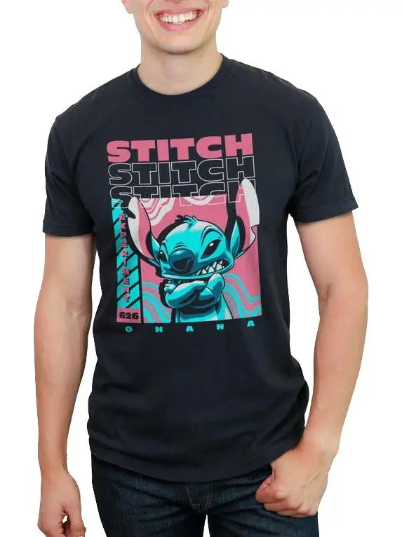 LILO & STITCH Blue And Pink Stitch Poster Graphic T-shirt - Black