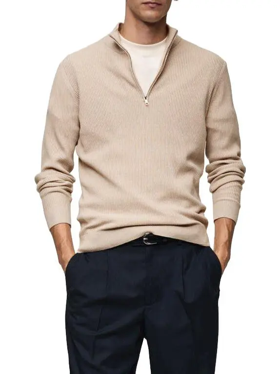 Mango Quarter Zip Ribbed Sweater - Beige