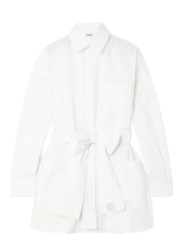 Loewe Belted Embroidered Pinstriped Shirt - White