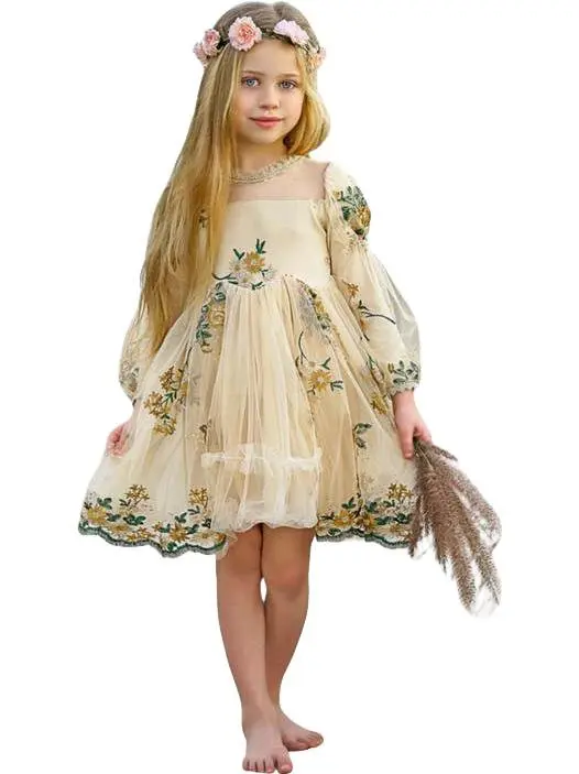 MIA BELLE GIRLS Flower Embroidered Lace Dress - Yellow