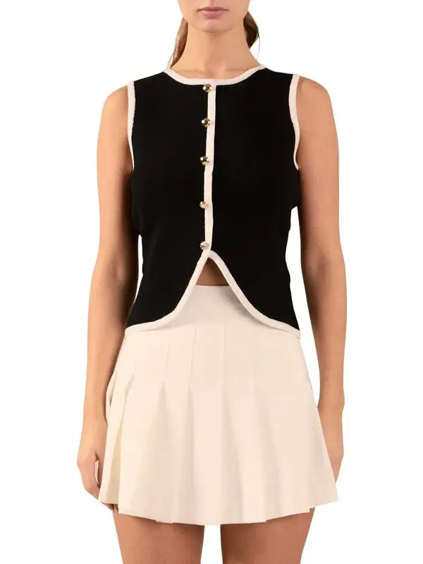 Endless Rose Contrast Knit Button Vest - Black/ Ivory