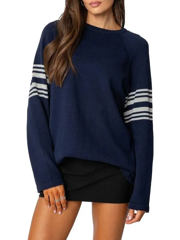 EDIKTED Contrast Stripe Oversized Sweater - Navy