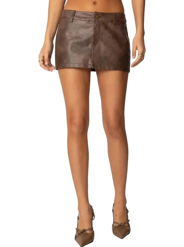 EDIKTED Scout Faux Leather Miniskort - Brown-washed