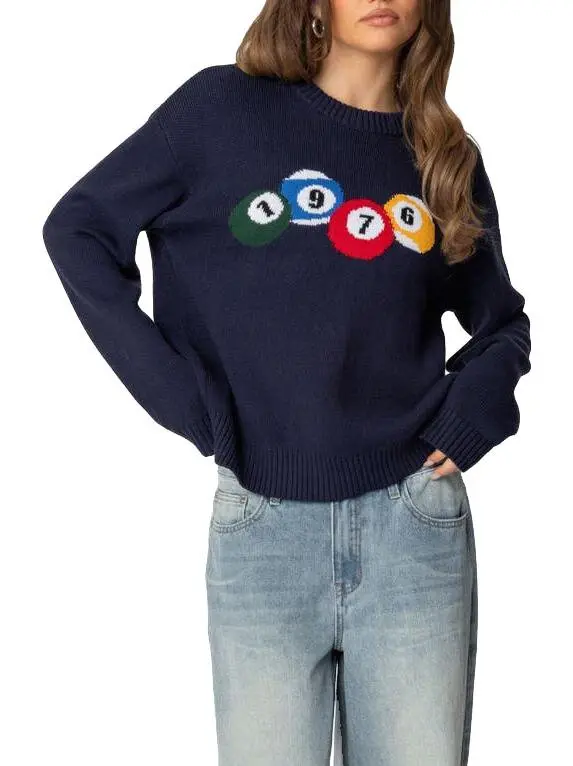 EDIKTED 1976 Billiards Graphic Crewneck Sweater - Navy