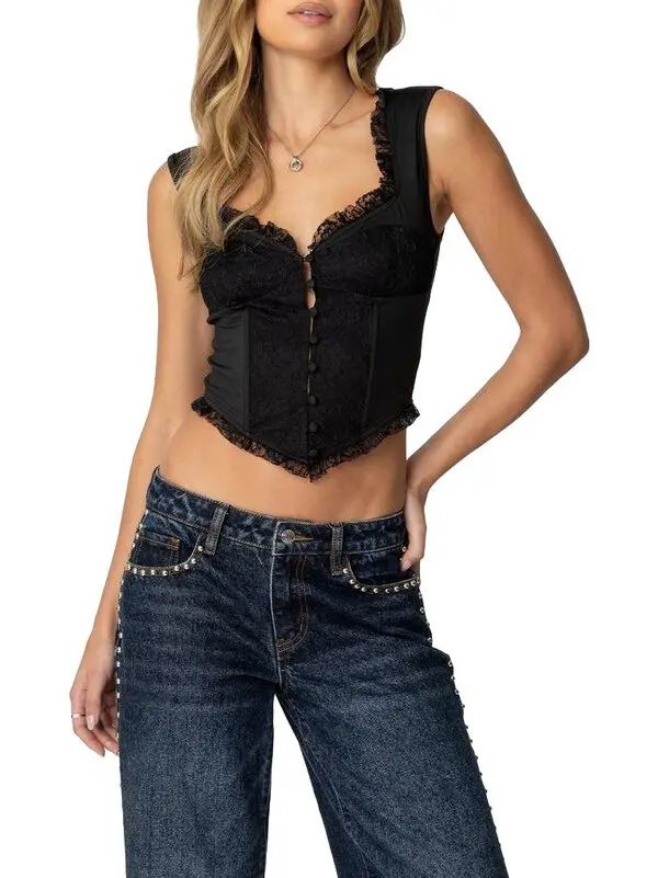 EDIKTED Lacy Corset Crop Top - Black
