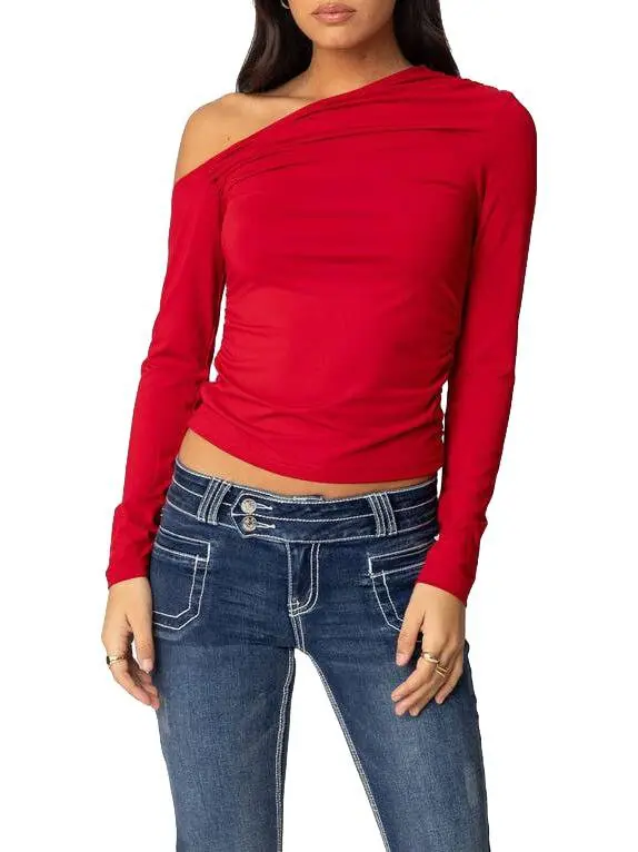 EDIKTED Ronnie Ruched One-shoulder Long Sleeve Top - Red