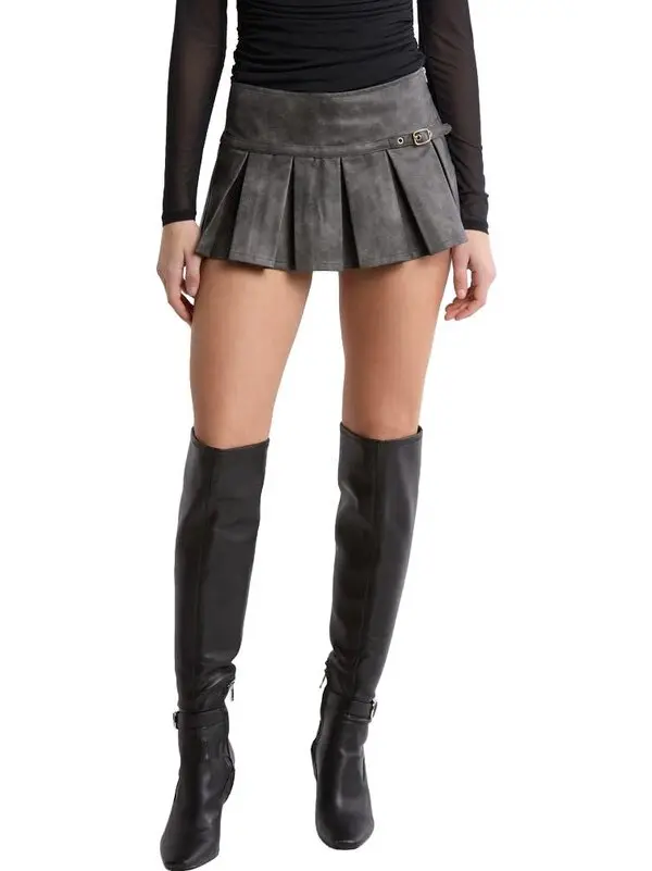 EDIKTED Billi Belted Pleated Faux Leather Miniskirt - Dark-gray