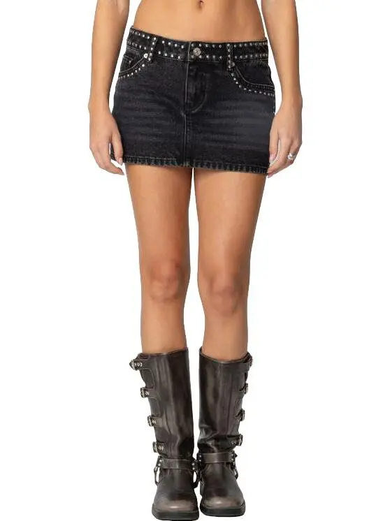 EDIKTED Mia Stud Denim Miniskirt - Black-washed