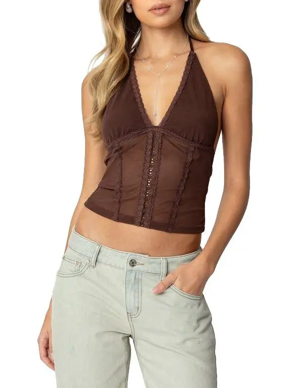 EDIKTED Lucie Lacy Mesh Halter Top - Brown
